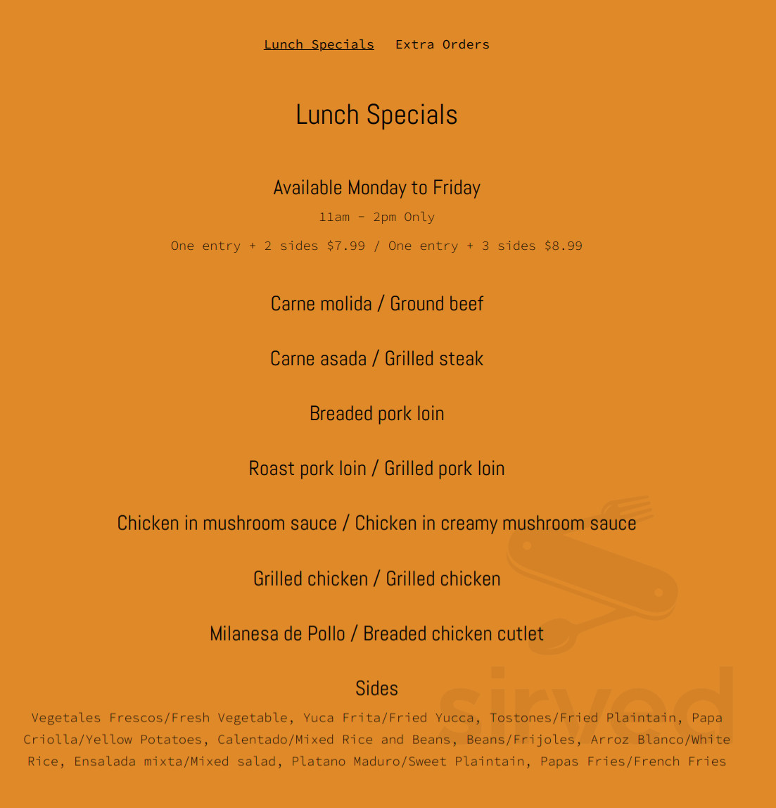 Café de Colombia Restaurant and Bakery menu in Reading, Pennsylvania, USA
