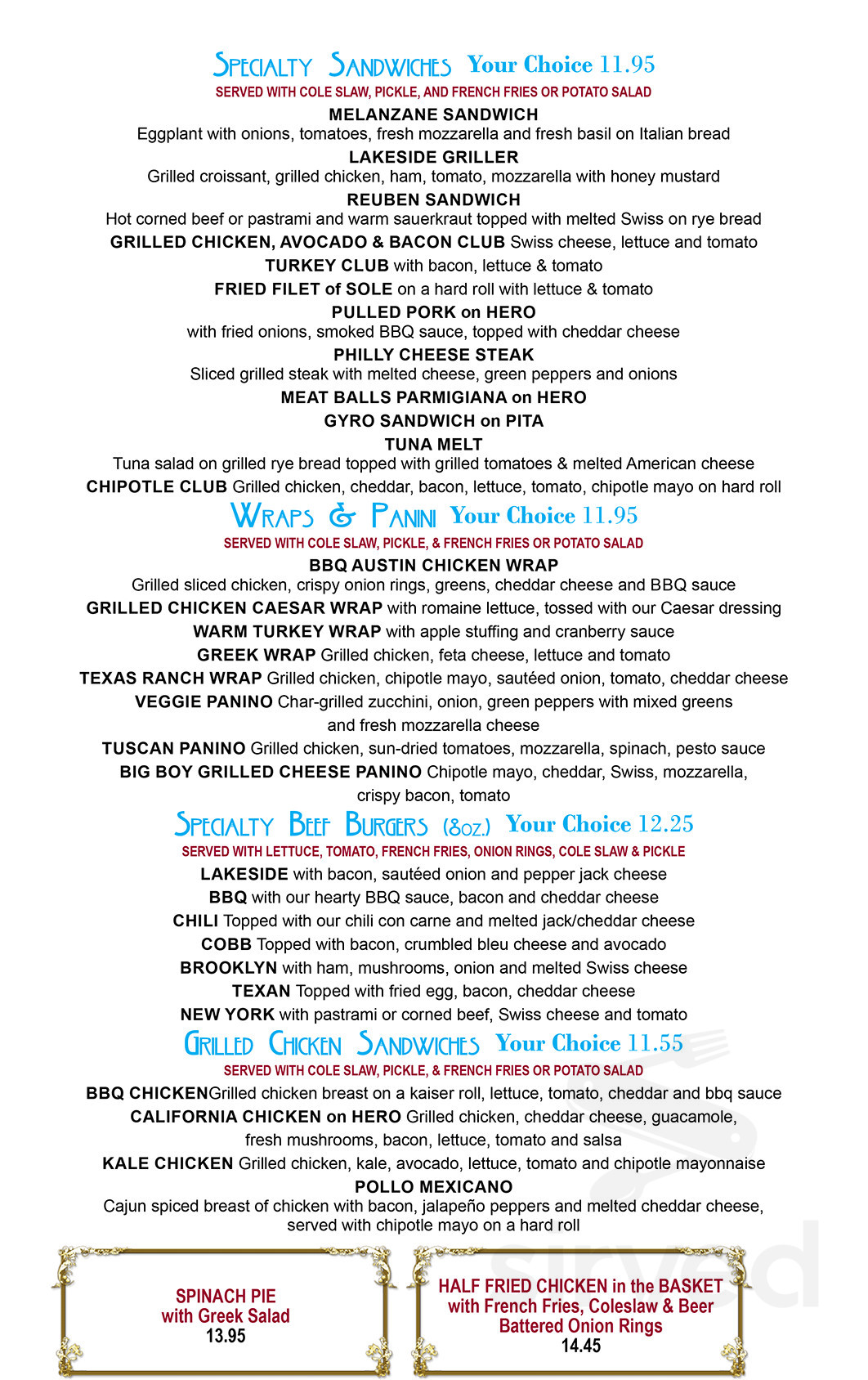 Lakeside Diner menu in Ringwood, New Jersey, USA