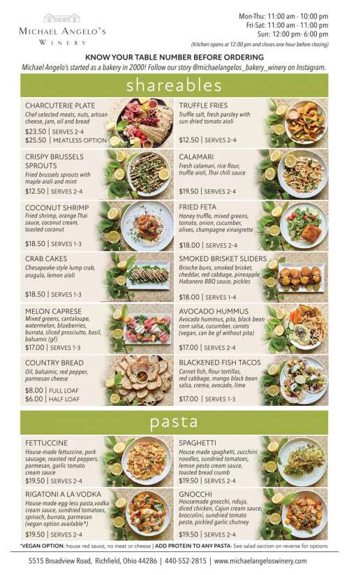 Michael Angelo's Winery menu in Richfield, Ohio, USA