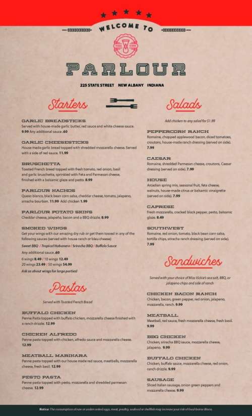 Parlour menu in New Albany, Indiana, USA