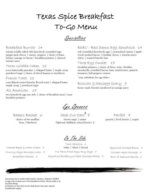 Texas Spice menu in Dallas, Texas, USA