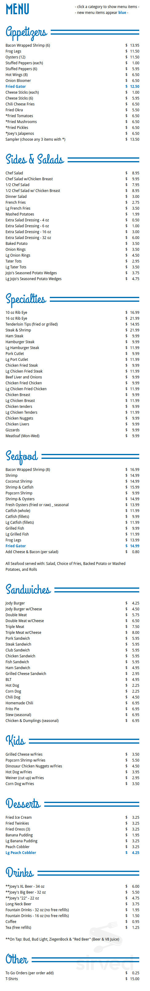 Menu for Old Jody's Restaurant in Temple, TX | Sirved