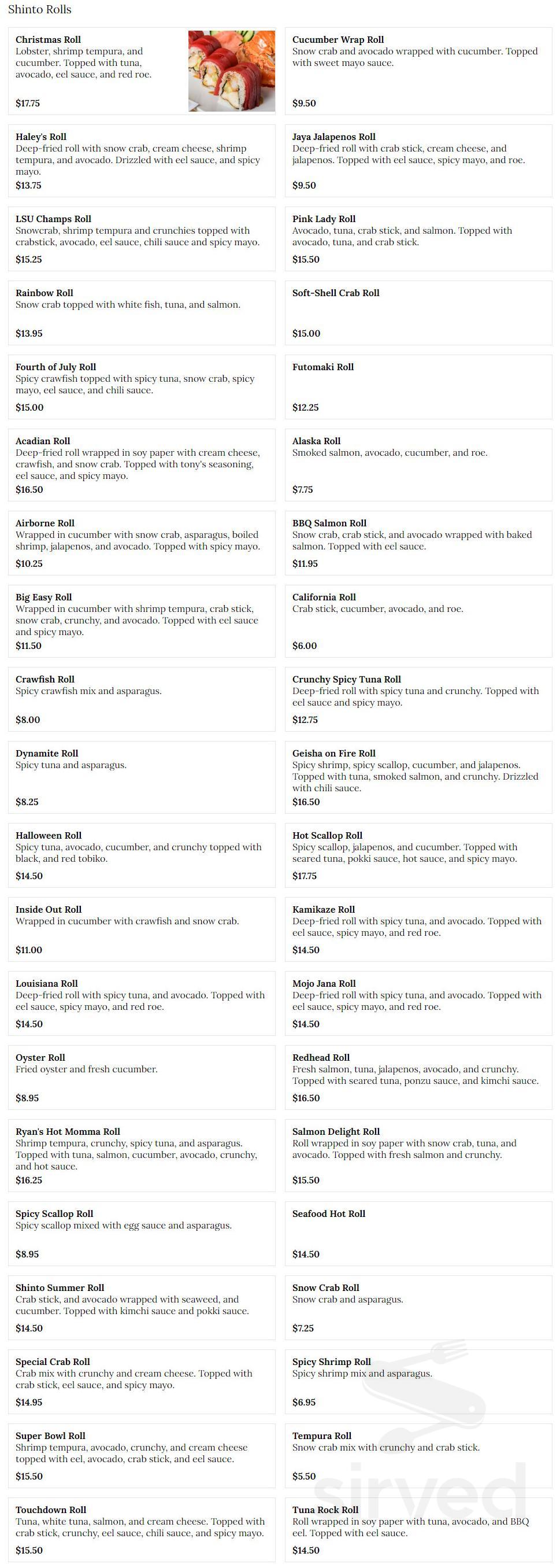 Shinto Japanese Restaurant menu in Lafayette, Louisiana, USA