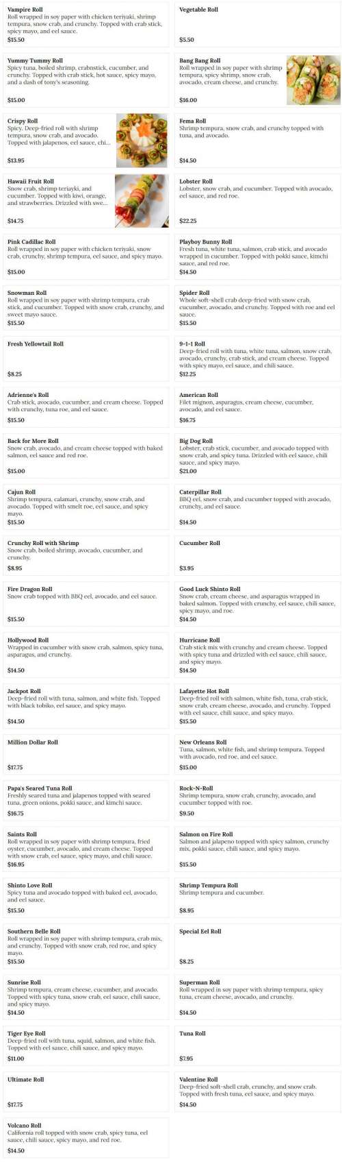 Shinto Japanese Restaurant menu in Lafayette, Louisiana, USA
