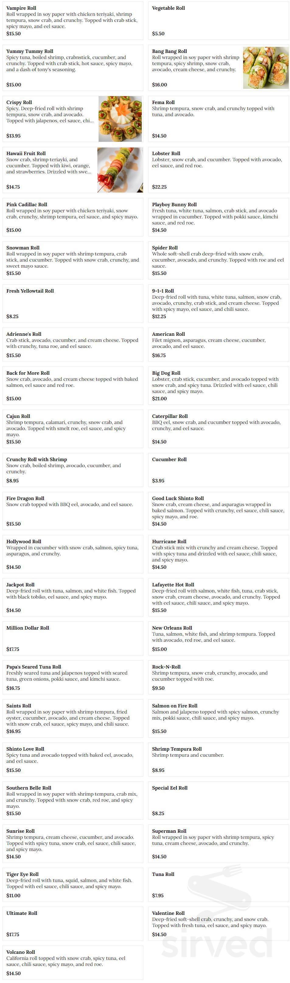 Shinto Japanese Restaurant menu in Lafayette, Louisiana, USA