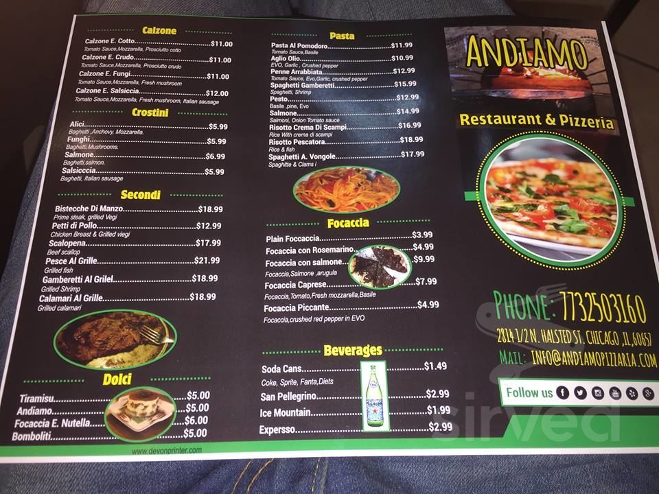 Andiamo Pizzaria menu in Chicago, Illinois, USA