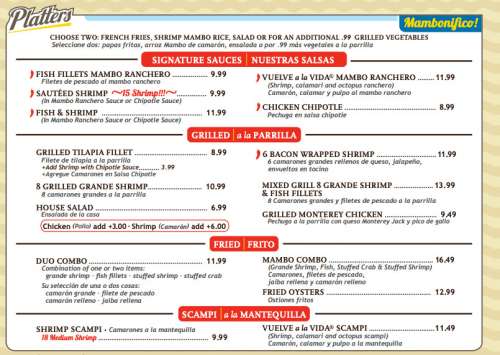 Mambo Seafood menu in Houston, Texas, USA