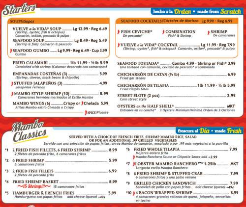 Mambo Seafood menu in Houston, Texas, USA