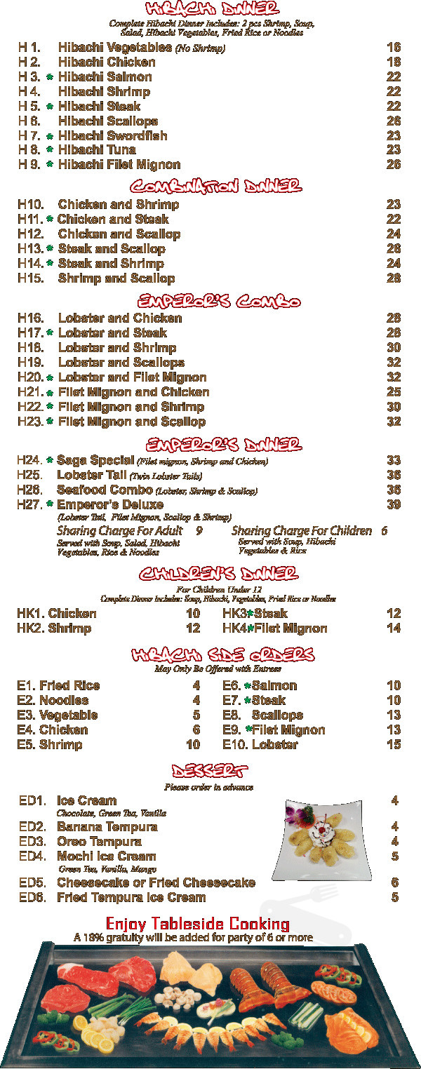 Saga Hibachi Steakhouse & Sushi Bar menus in Foxborough, Massachusetts ...