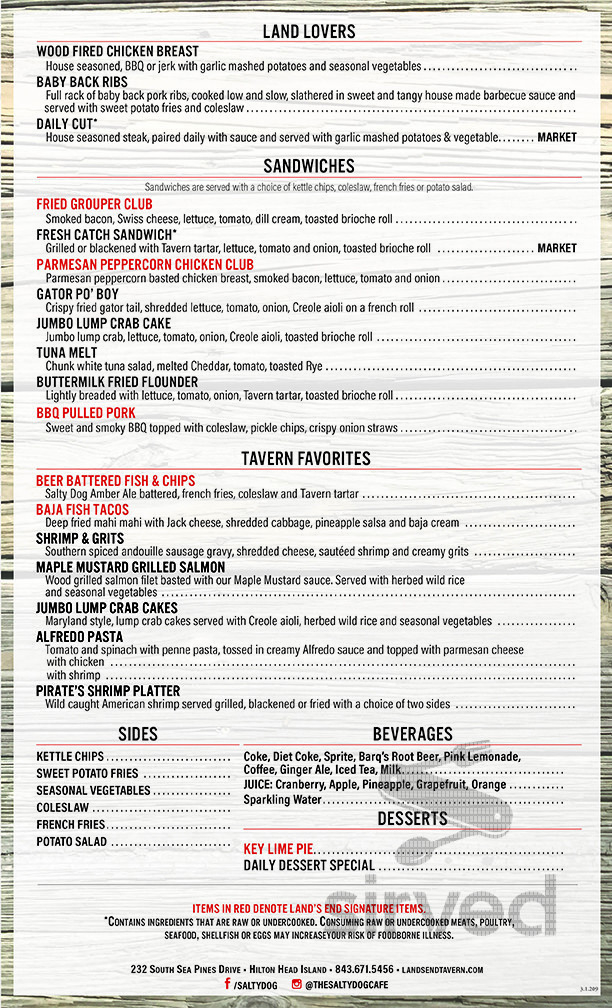 Land's End Tavern menus in Hilton Head Island, South Carolina, United ...