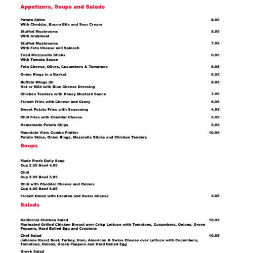 Mountain View Diner menu in Charles Town, West Virginia, USA