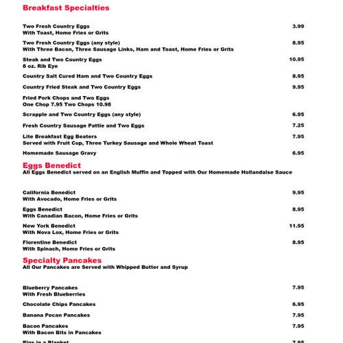 Mountain View Diner menu in Charles Town, West Virginia, USA