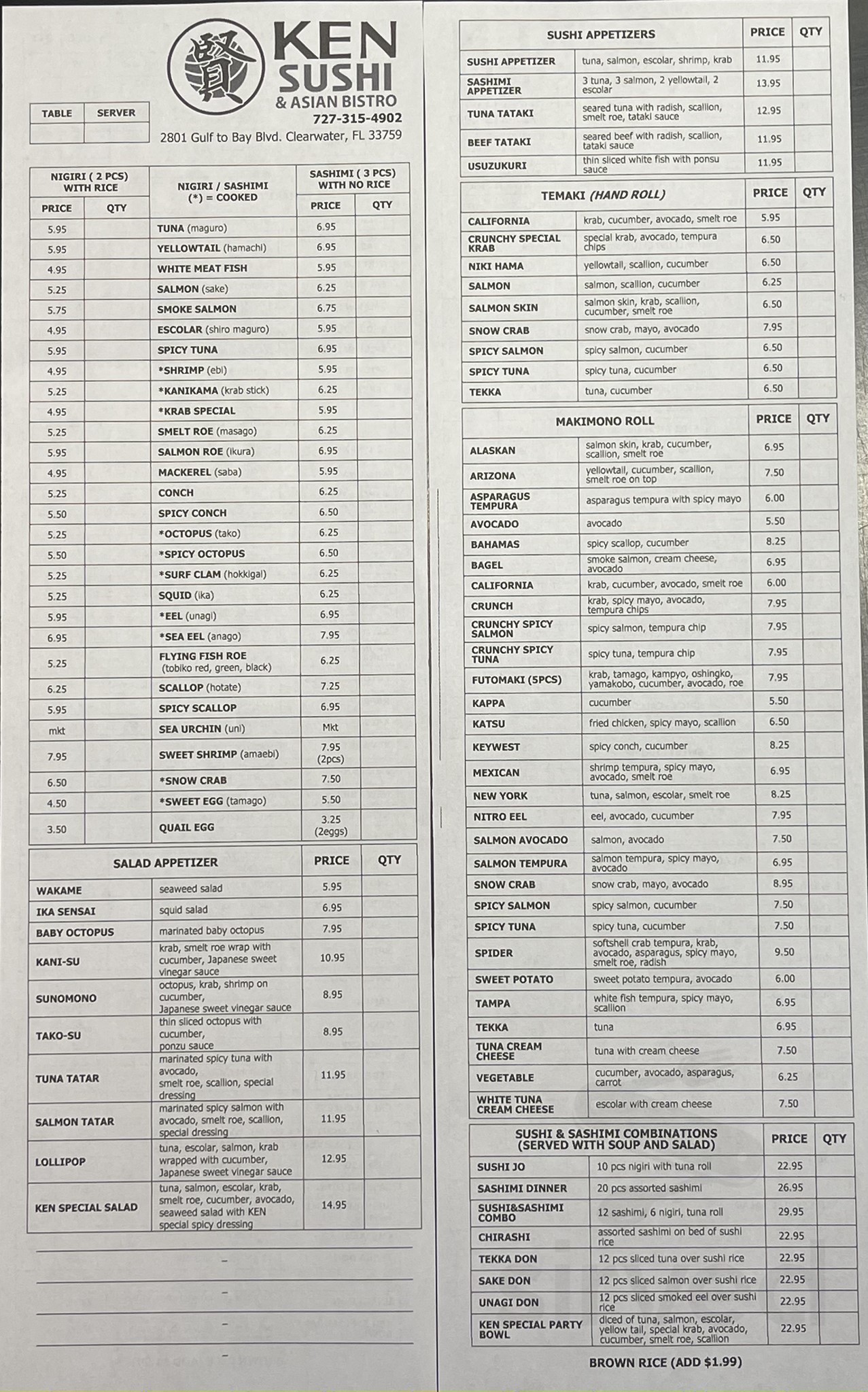 Menu - Clearwater FL's Ken Sushi & Asian Bistro | Sirved