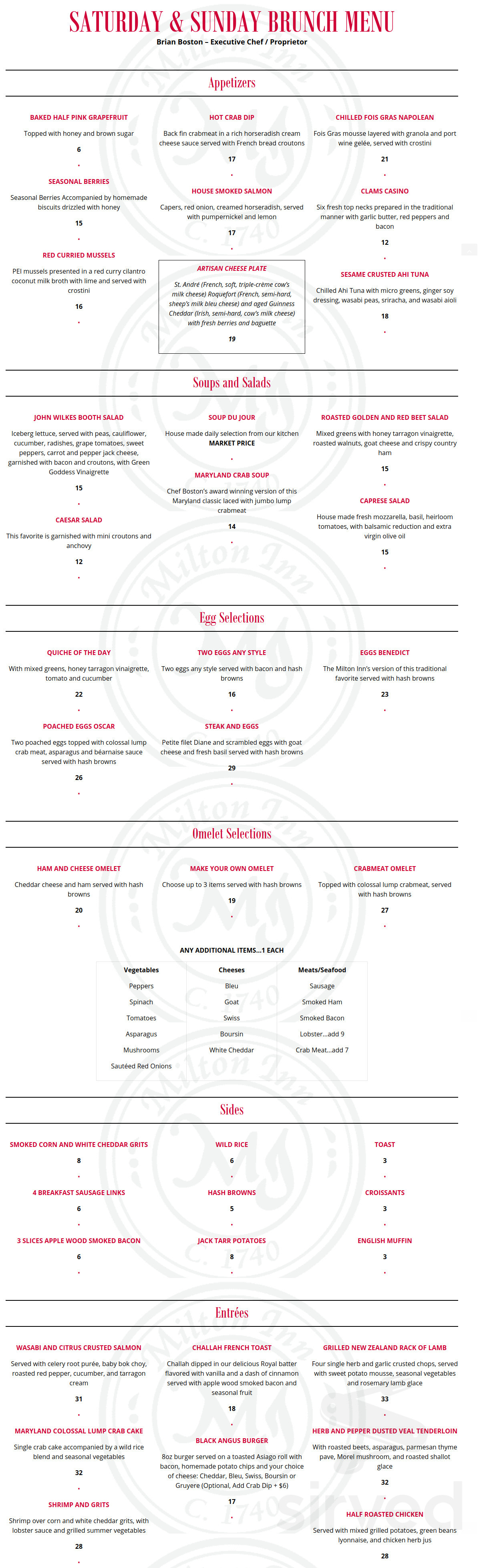 The Manor Tavern Menu - Monkton, Maryland | Sirved
