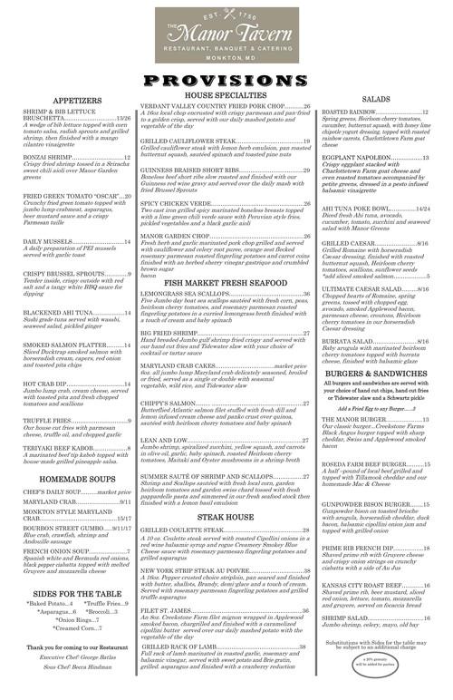 The Manor Tavern menu in Monkton, Maryland, USA