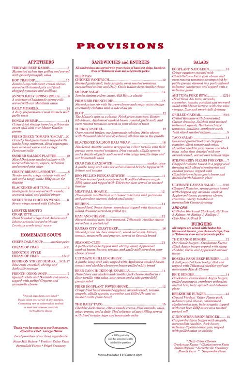 The Manor Tavern menu in Monkton, Maryland, USA