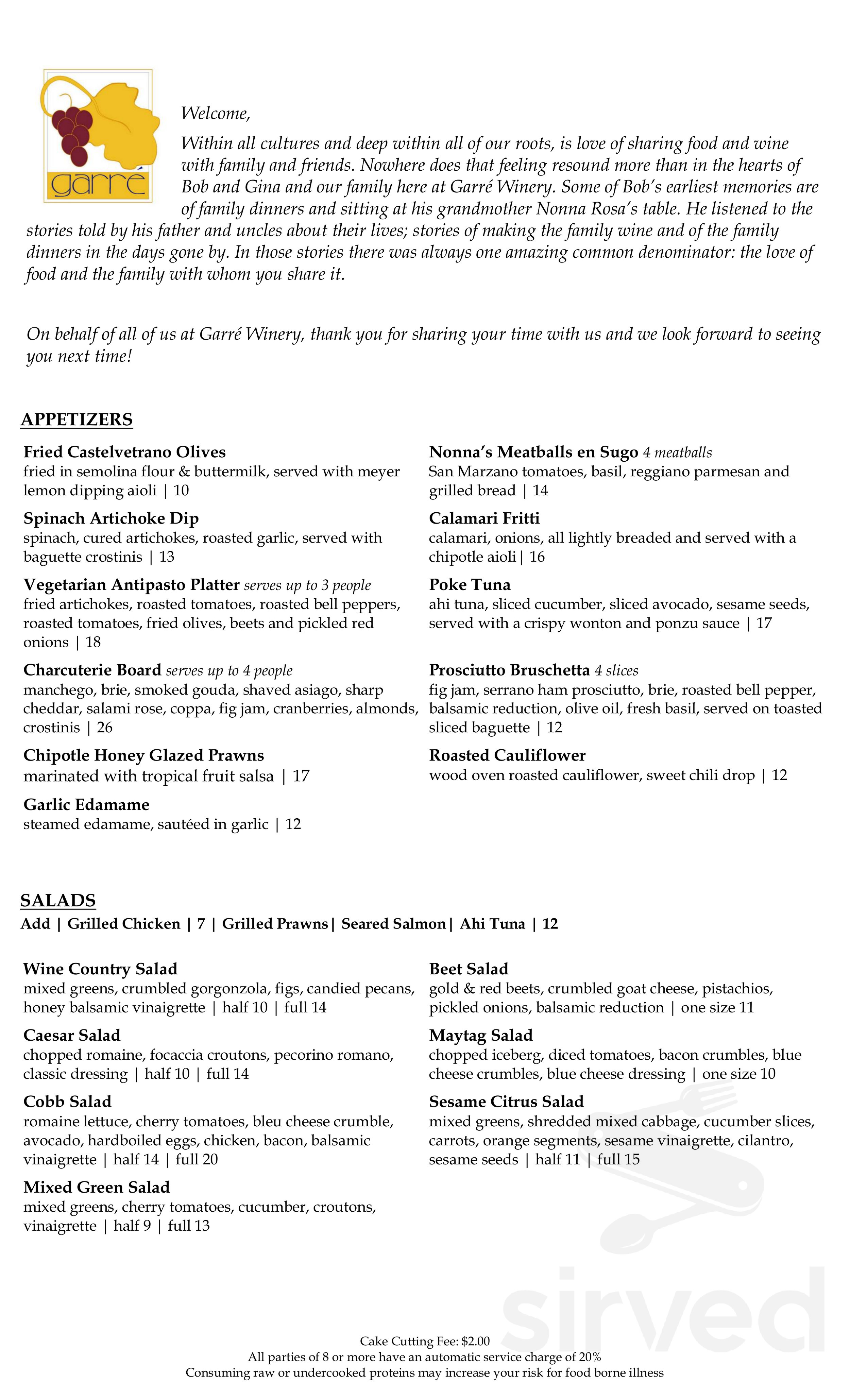 Menu for Garré Vineyard Restaurant & Event Center in Livermore, CA | Sirved