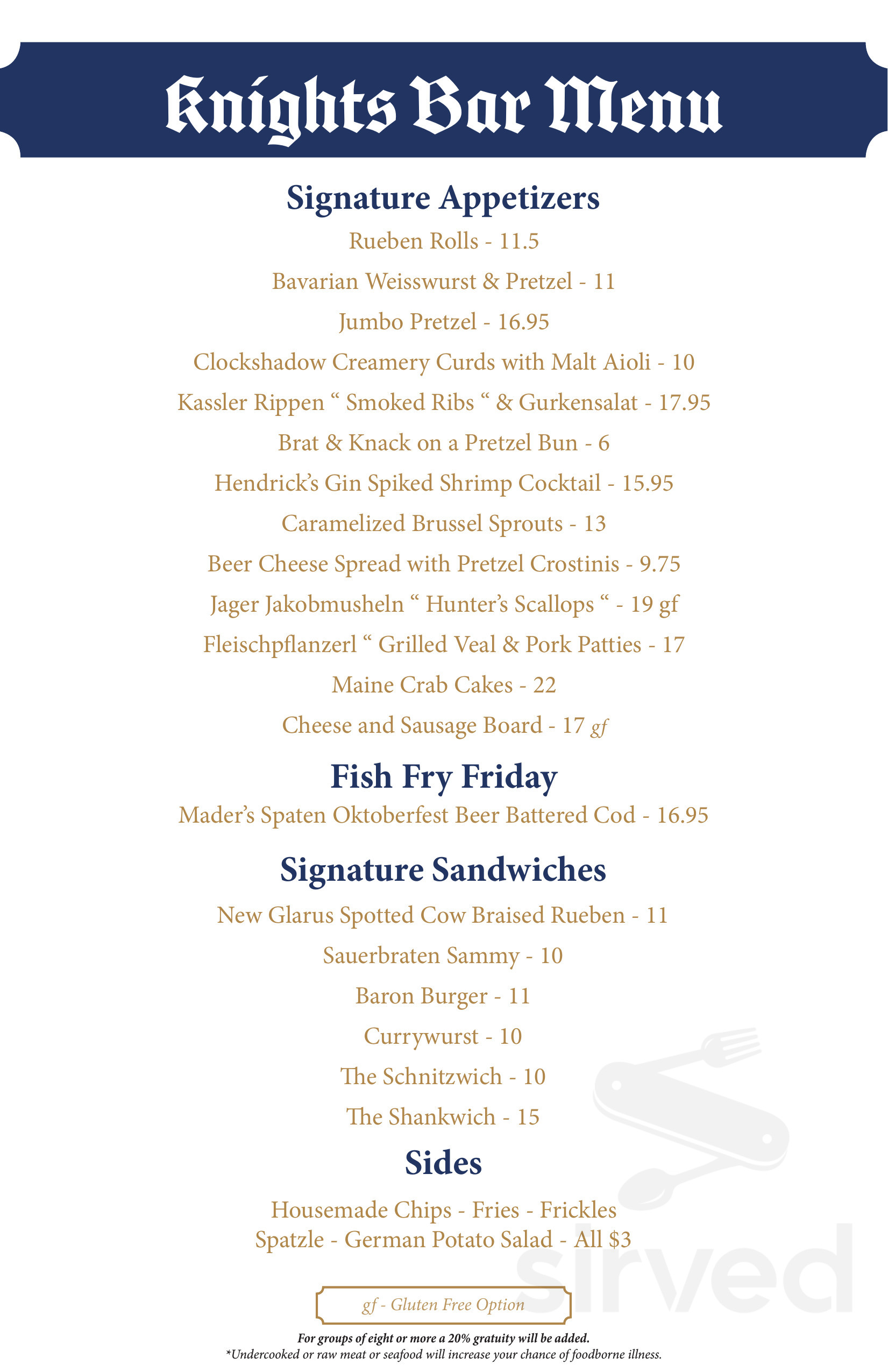 Knights Bar menu in Milwaukee, Wisconsin, USA