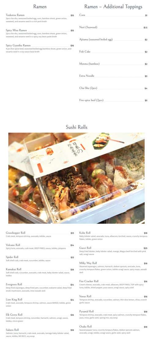 Fujiya menu in Elk Grove, California, USA