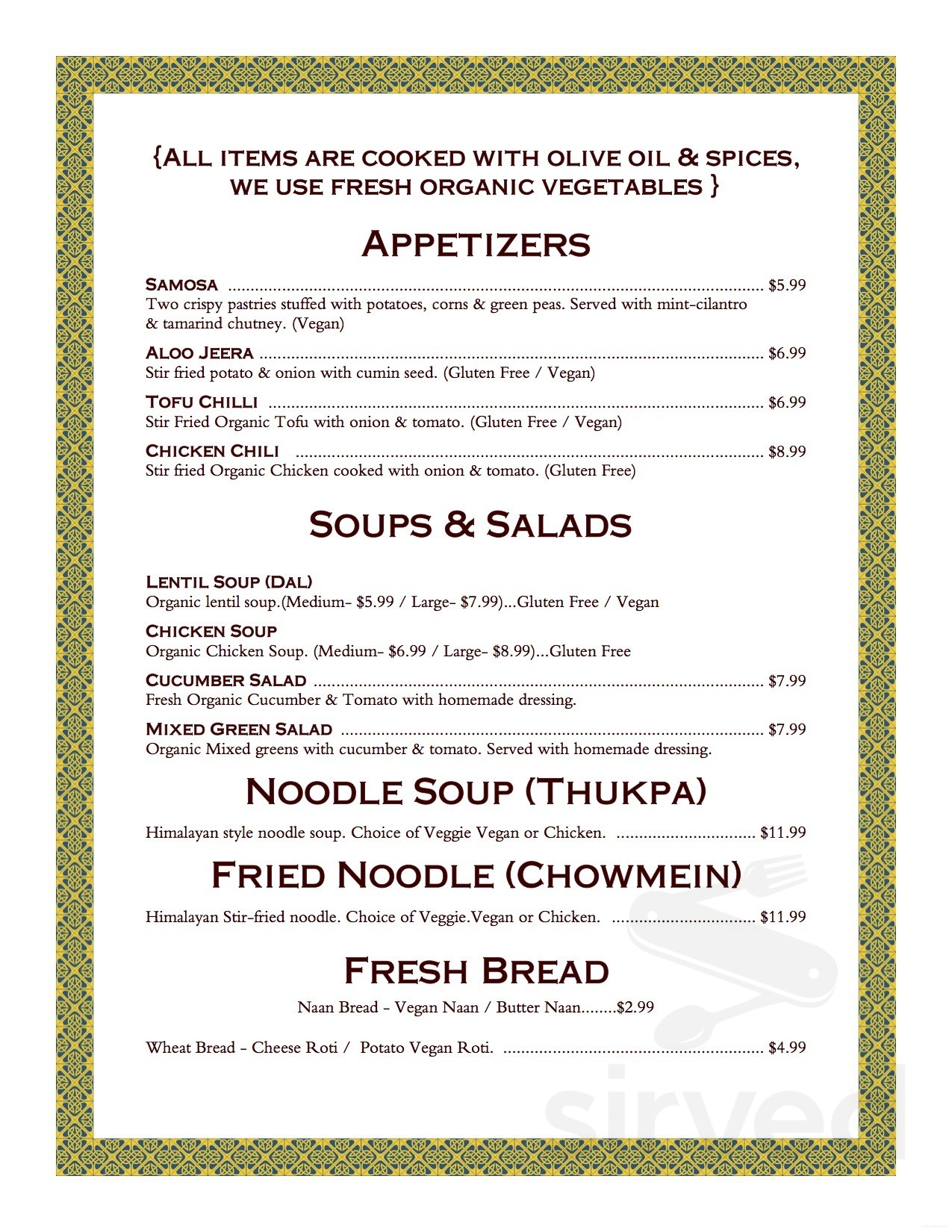 Menu - Sebastopol CA's Kathmandu Cafe & Grill - Taste Of Nepal | Sirved