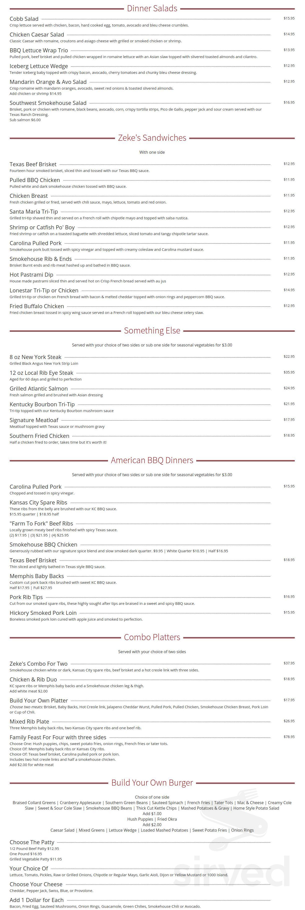 Menu - Montrose CA's Zeke's Smokehouse | Sirved