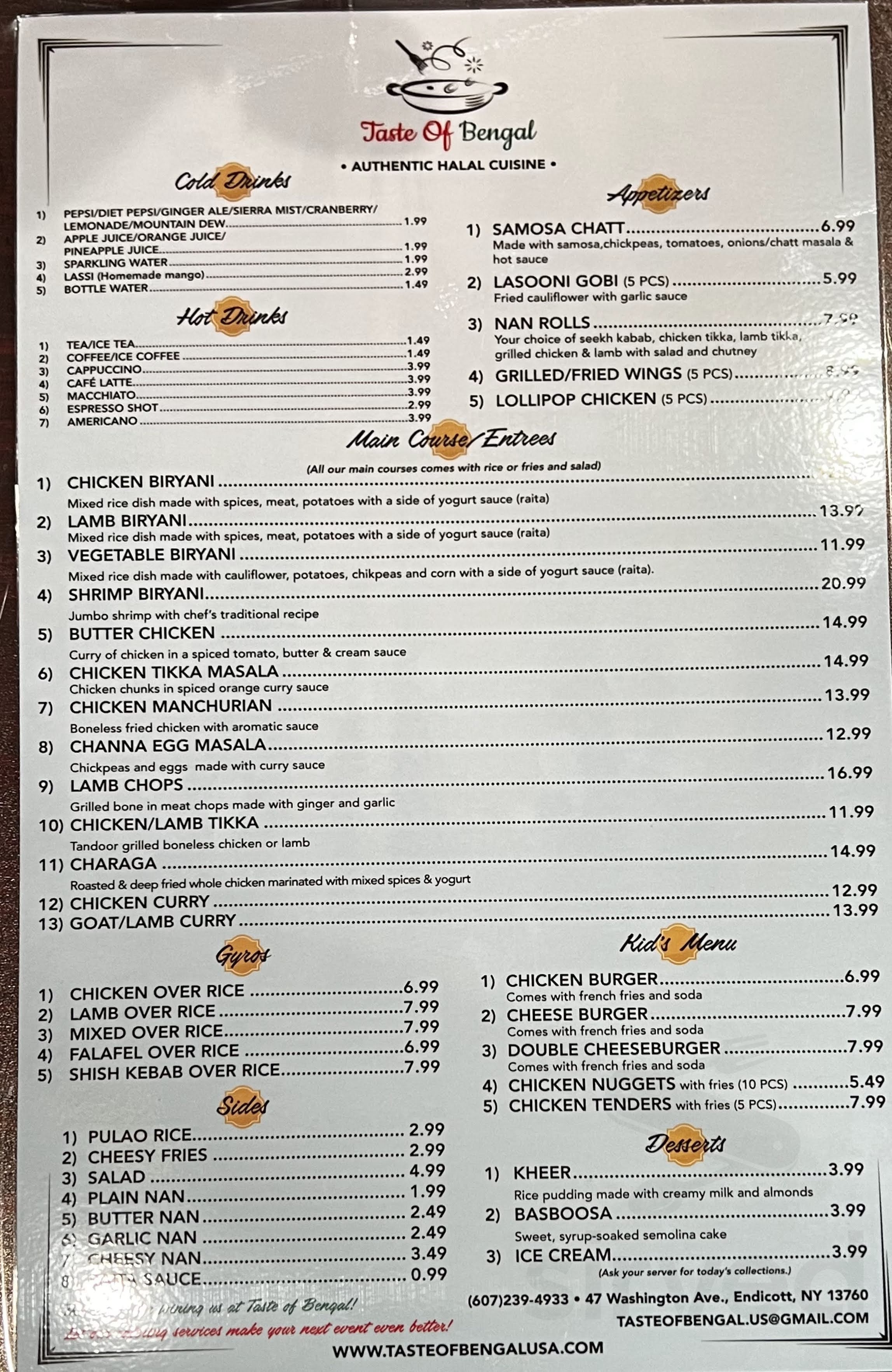 Menu - Endicott NY's The Taste of Bengal | Sirved