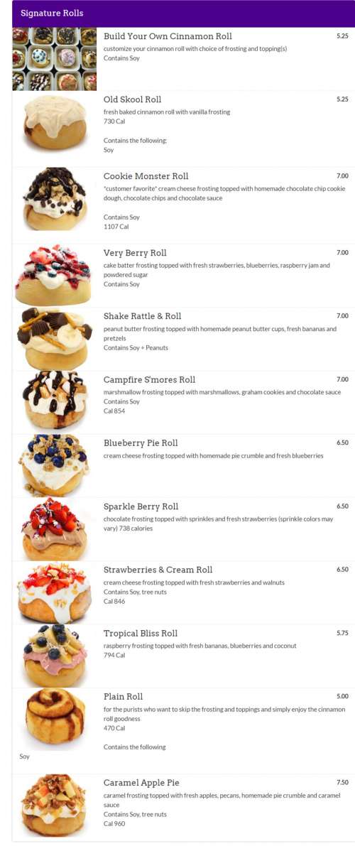 Cinnaholic menu in Evanston, Illinois, USA