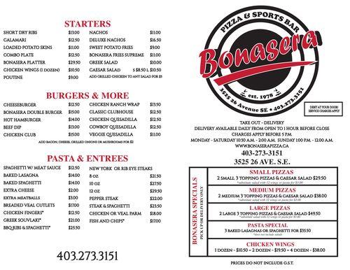 Bonasera Pizza & Sports Bar SE menu in Calgary, Alberta, Canada