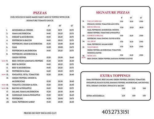 Bonasera Pizza & Sports Bar SE menu in Calgary, Alberta, Canada