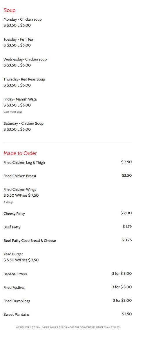 Yaad Food Jamaican Restaurant menu in Indian Orchard, Massachusetts, USA