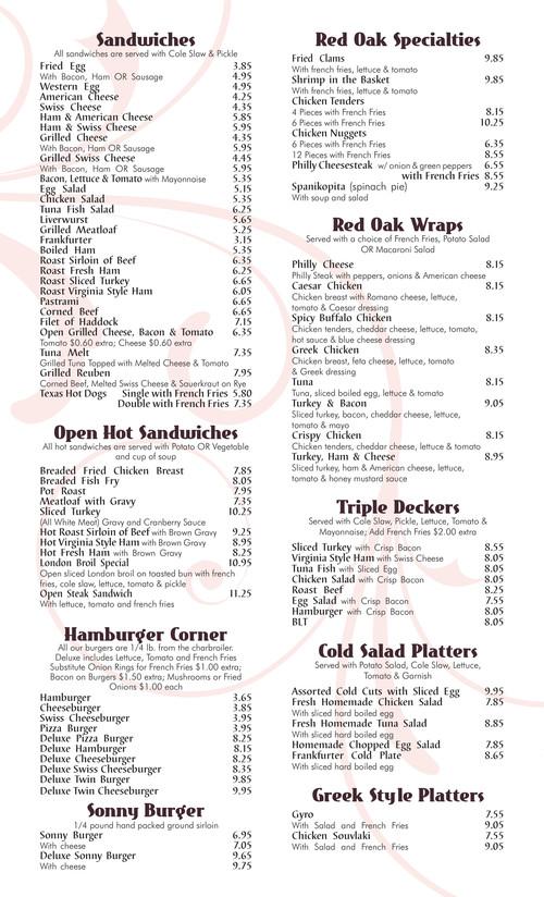Red Oak menu in Binghamton, New York, USA