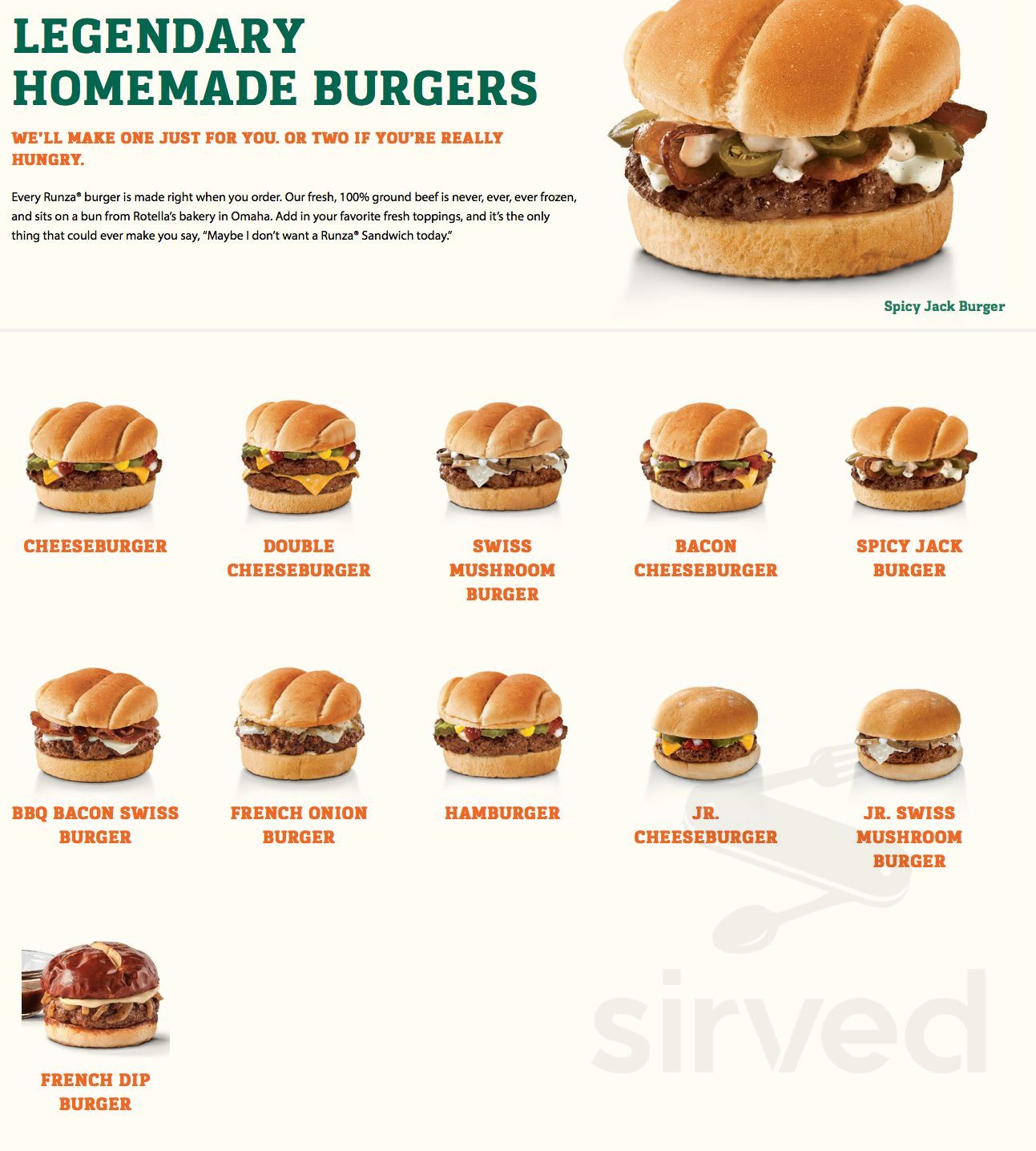 Runza Restaurant menu in Grand Island, Nebraska, USA