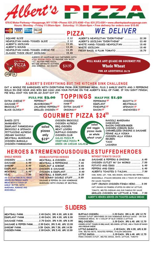 Albert's Pizza menu in Hauppauge, New York, USA
