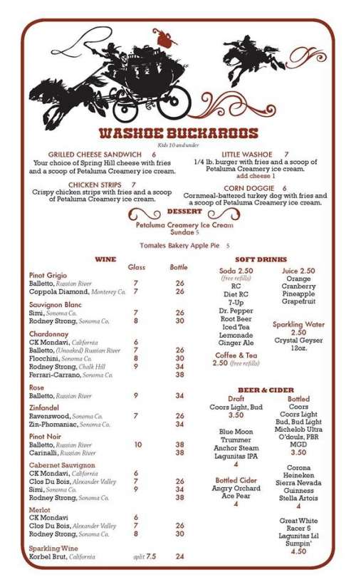 Washoe House menu in Petaluma, California, USA