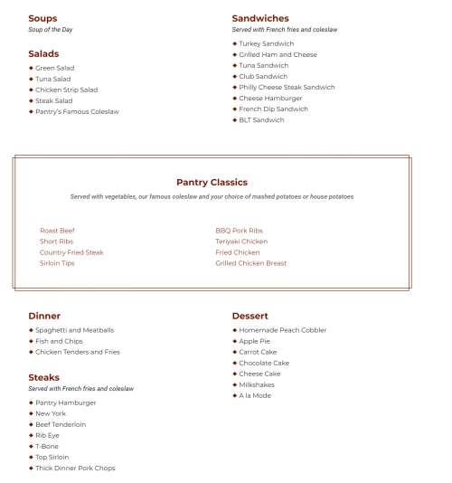 The Original Pantry Cafe menu in Los Angeles, California, USA