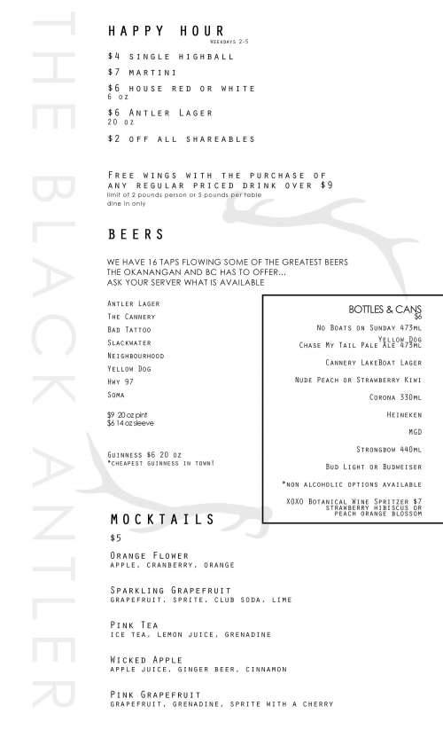 The Black Antler menu in Penticton, British Columbia, Canada