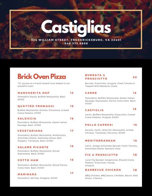 Castiglia's Italian Restaurant menu in Fredericksburg, Virginia, USA