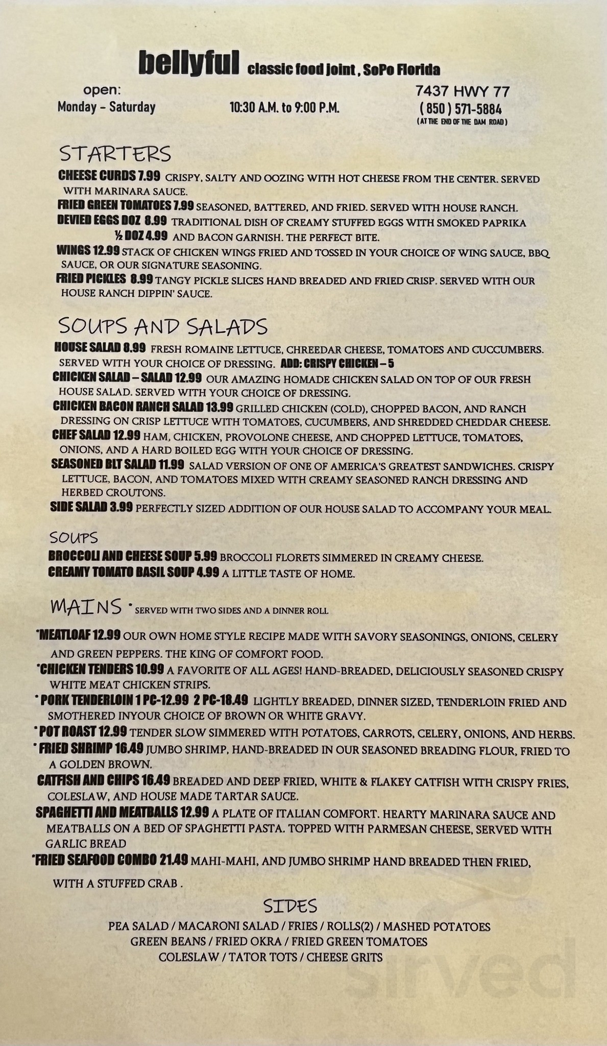 Bellyful menu in Panama City, Florida, USA