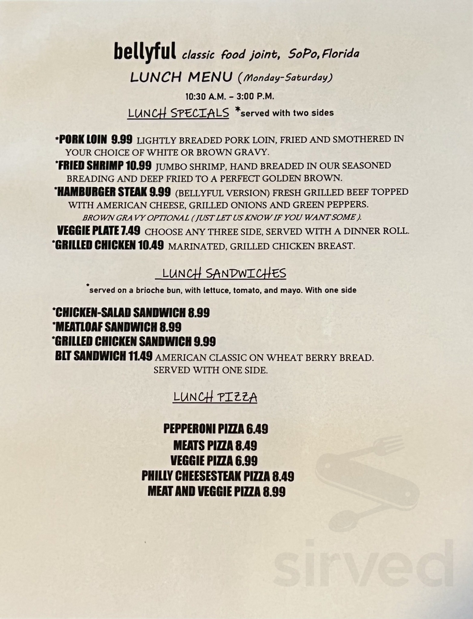 Menu - Panama City FL's Bellyful | Sirved