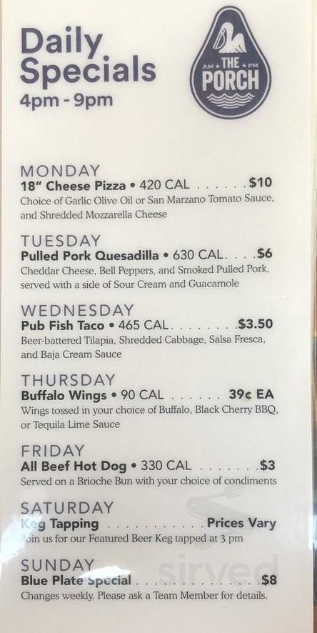 The Porch menu in Virginia Beach, Virginia, USA