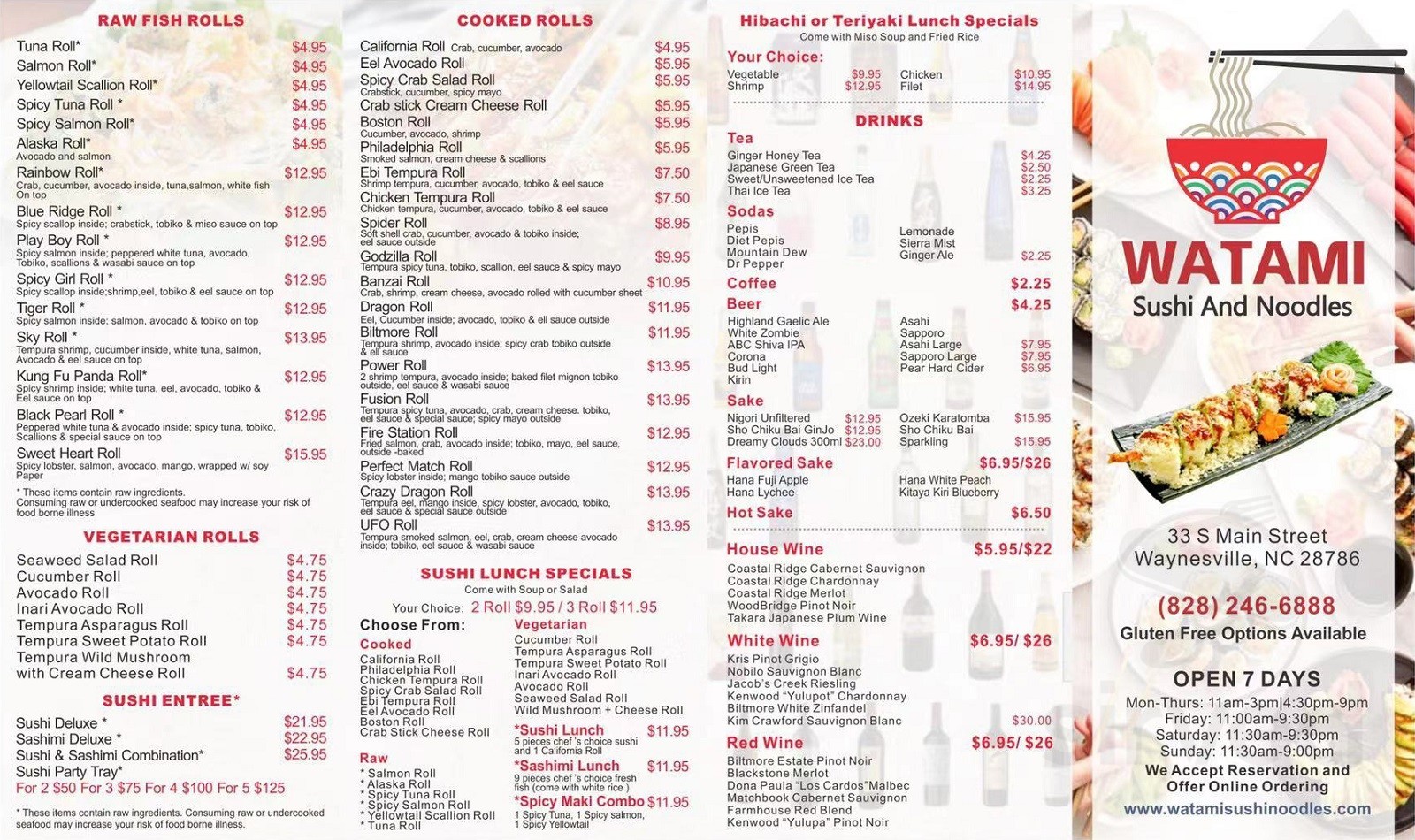 Watami Sushi & Noodles menu in Waynesville, North Carolina, USA