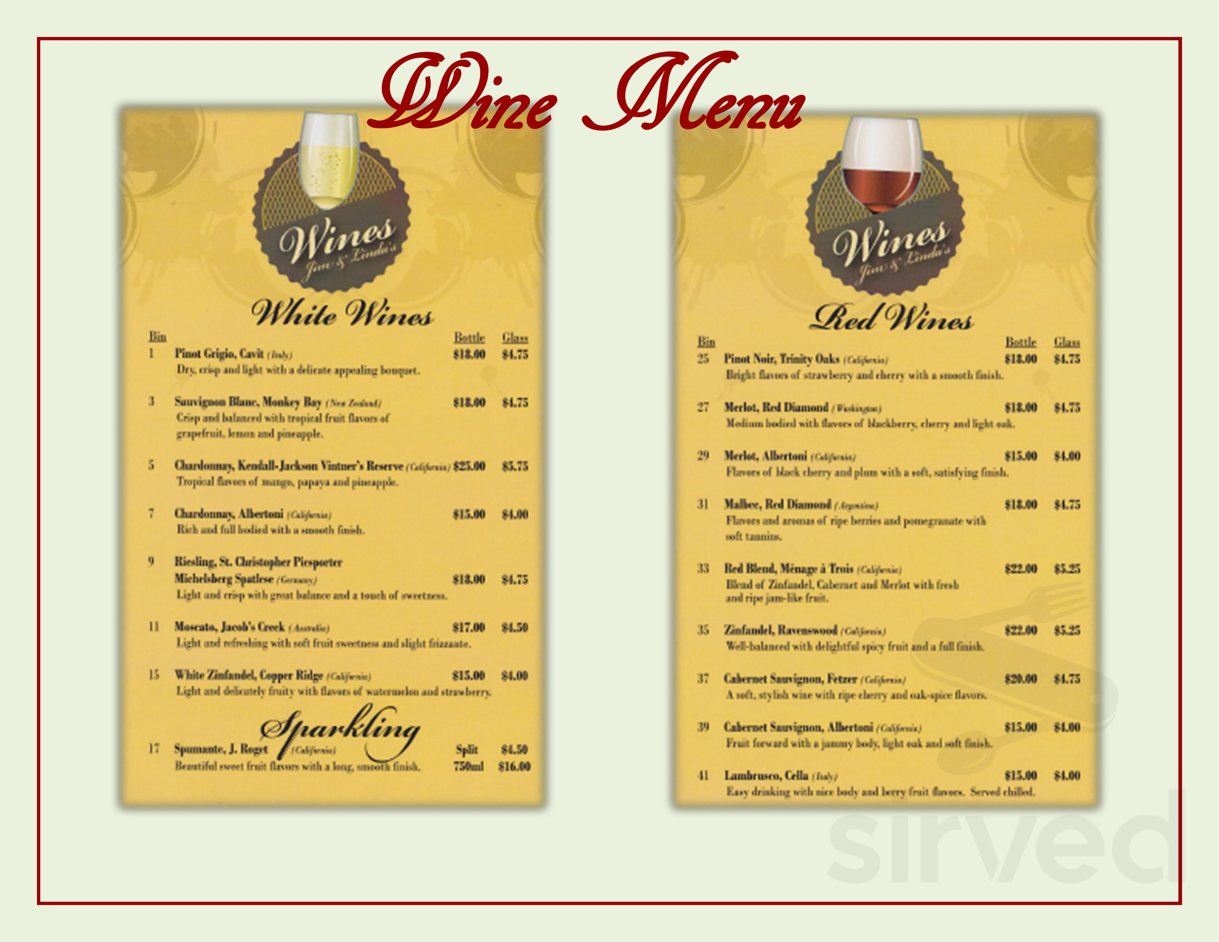 Jim and Linda's Lakeview Supper Club menu in Malone, Wisconsin, USA