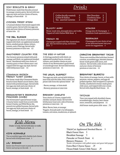 Great Basin Brewing Company ~ Reno menu in Reno, Nevada, USA
