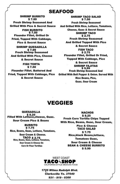 West Coast Taco Shop menu in Clarksville, Tennessee, USA