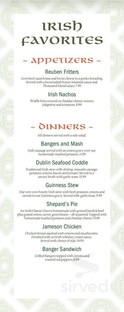 Patrick's Pub and Grille menu in Coraopolis, Pennsylvania, USA