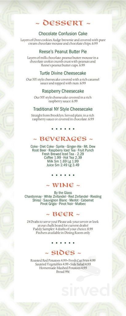 Patrick's Pub and Grille menu in Coraopolis, Pennsylvania, USA