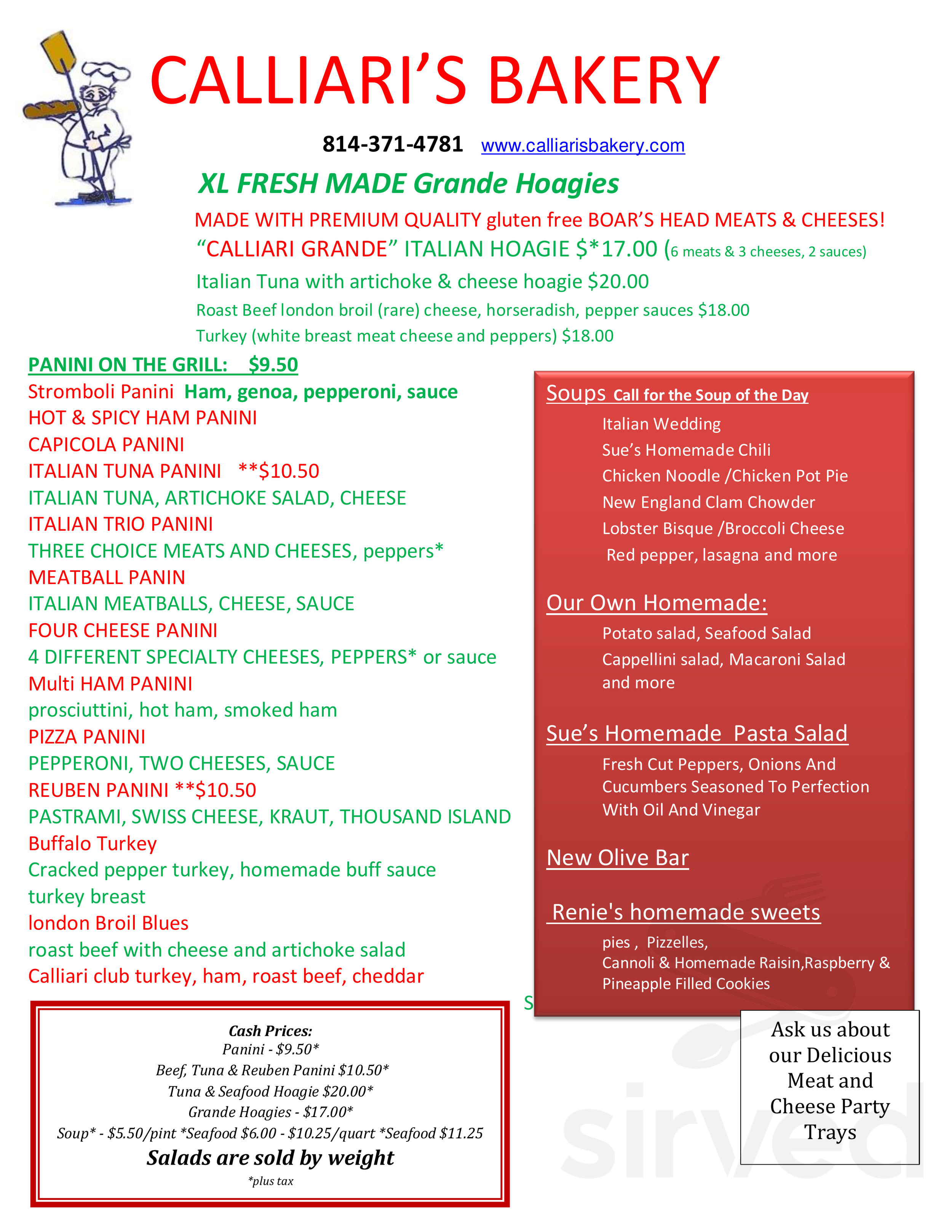 Menu for Calliari Bakery and Italian Deli Grocery in DuBois, PA | Sirved