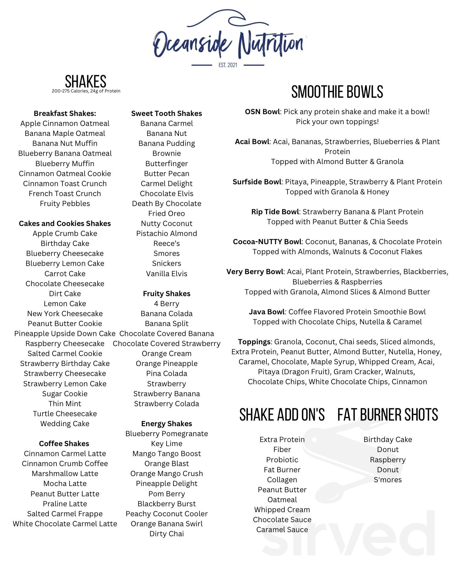 Oceanside Nutrition menu in Surfside Beach, South Carolina, USA