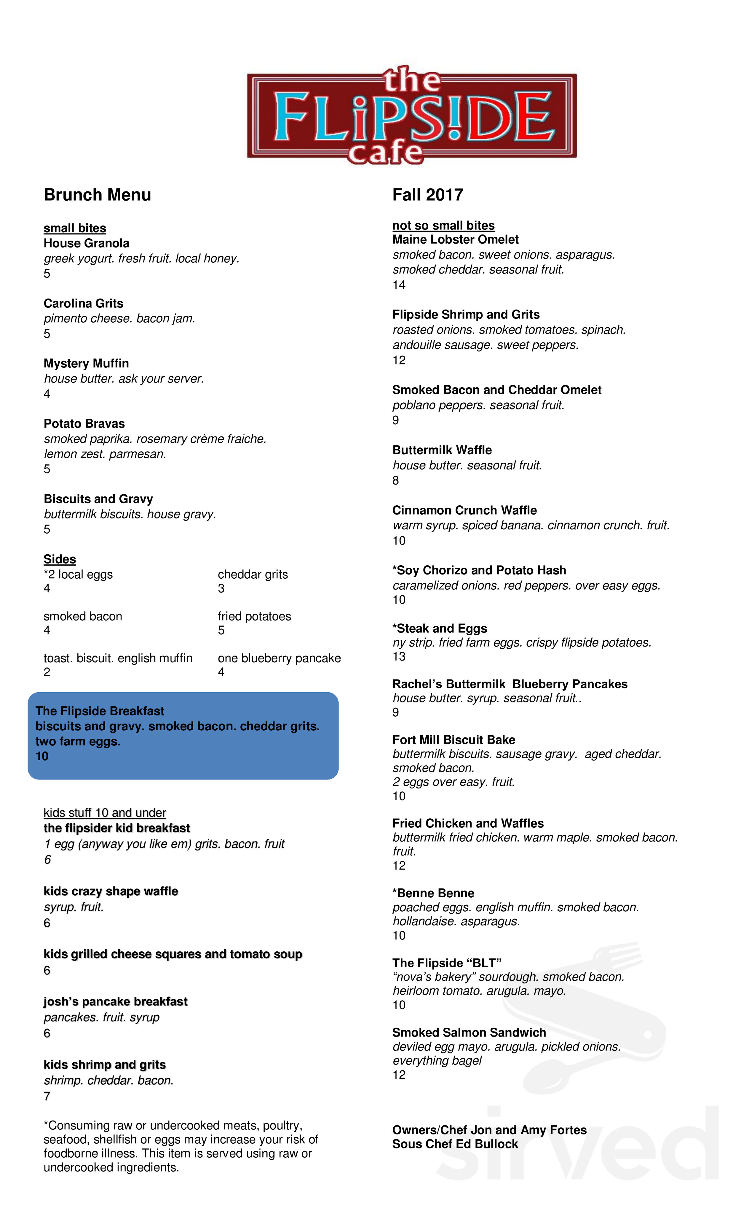 The Flipside Cafe menu in Fort Mill, South Carolina, USA