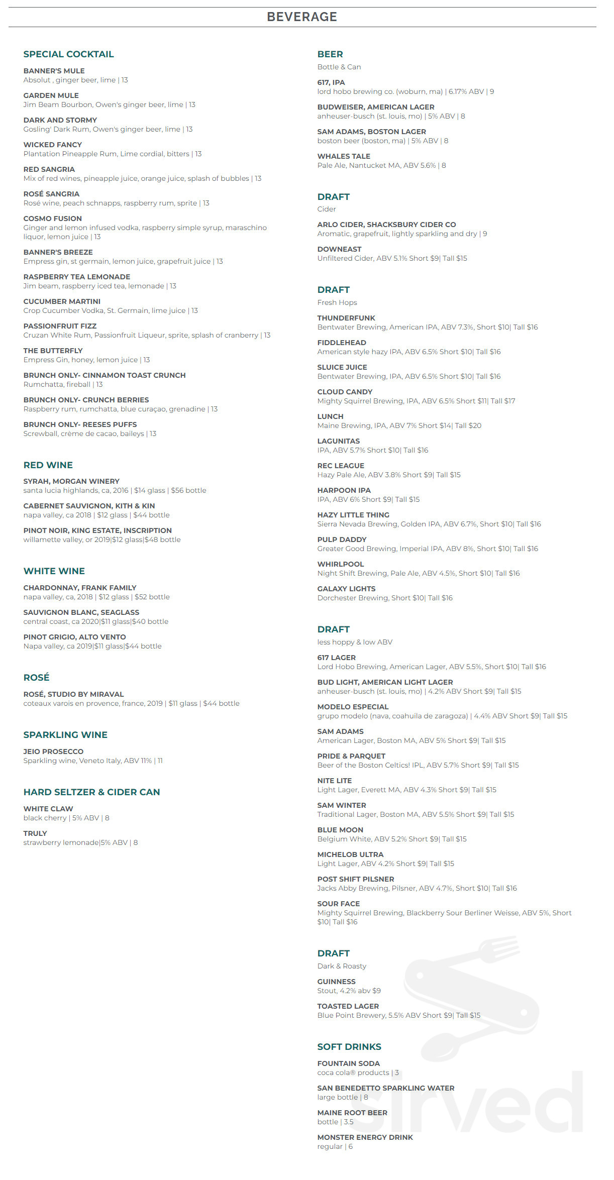 Banners Kitchen & Tap menu in Boston, Massachusetts, USA